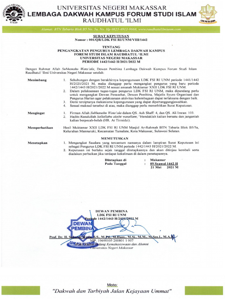 SK Pengurus LDK Fsi Ri Unm Periode 1443-144 H-2021-2022 M | PDF