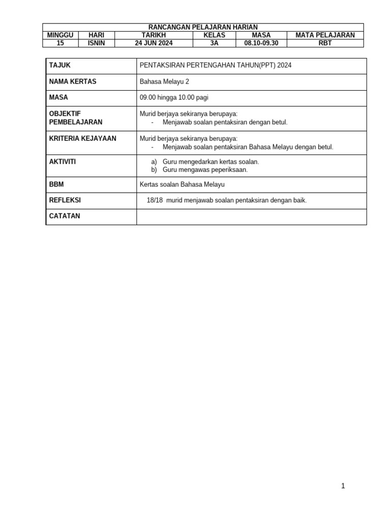 Rancangan Pelajaran Harian Minggu Hari Tarikh Kelas Masa Mata Pelajaran ...