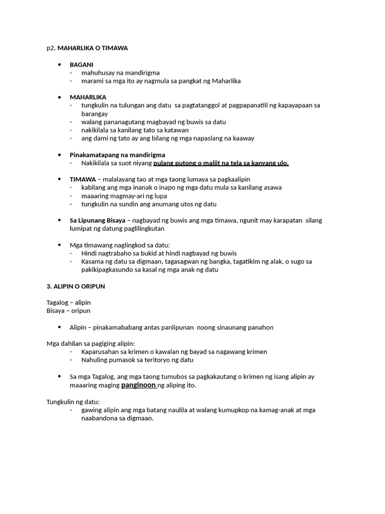 ARPAN TOPICS GRADE 5 (Maharlika, Alipin, Barangay) | PDF