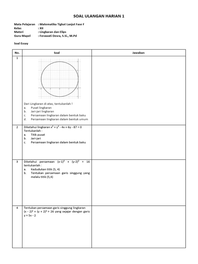 Soal Ulangan Matematika Lingkaran Elips | PDF