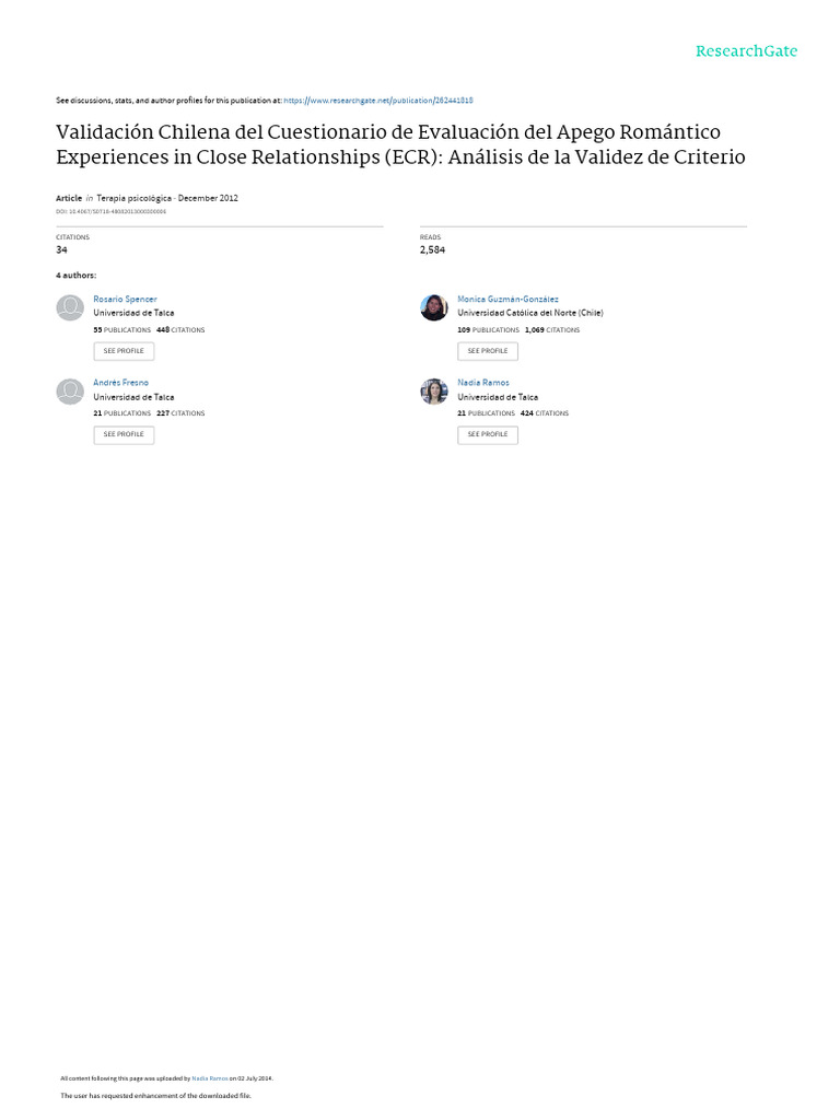Validacion Chilena Del Cuestionario de Evaluacion | PDF | Teoría de apego | Validez (Estadísticas)