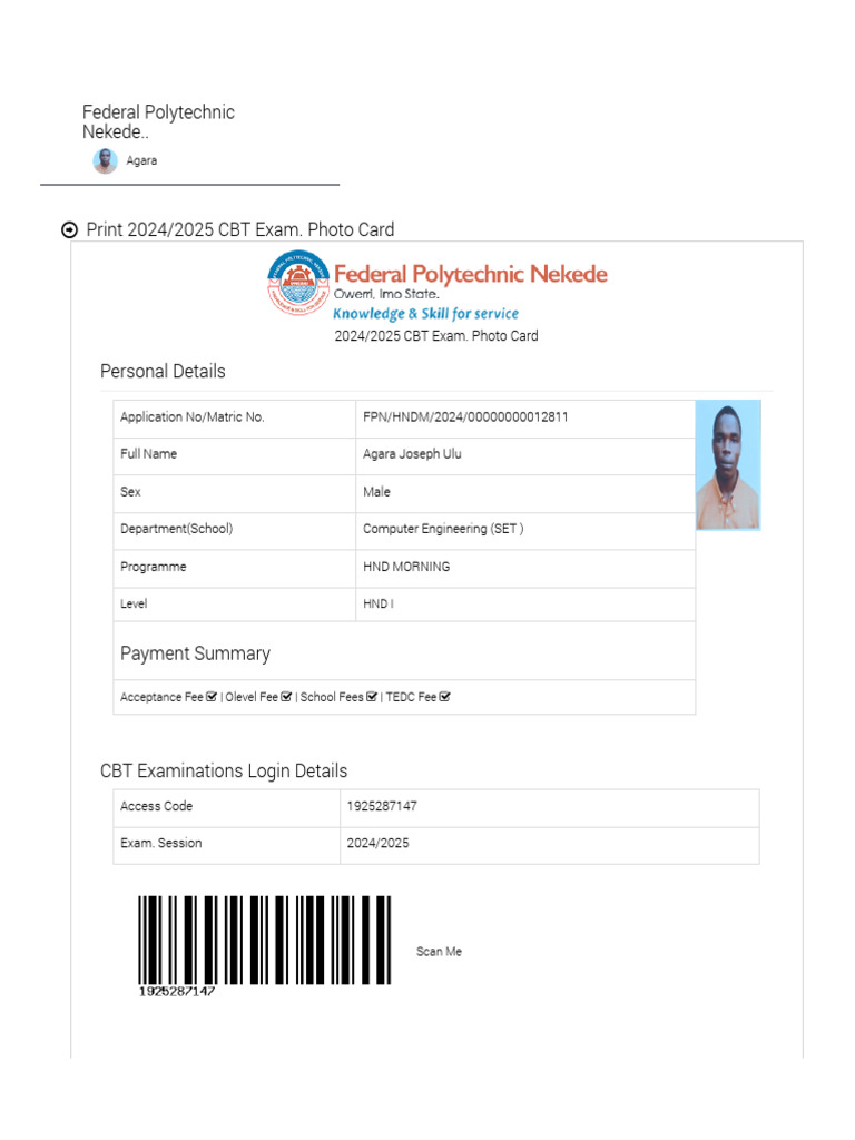 2024 - 2025 CBT Exam. Photo Card - Federal Polytechnic Nekede.. | PDF