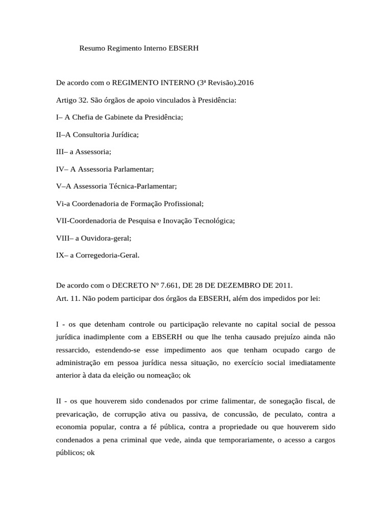 Resumo Regimento Interno EBSERH | PDF