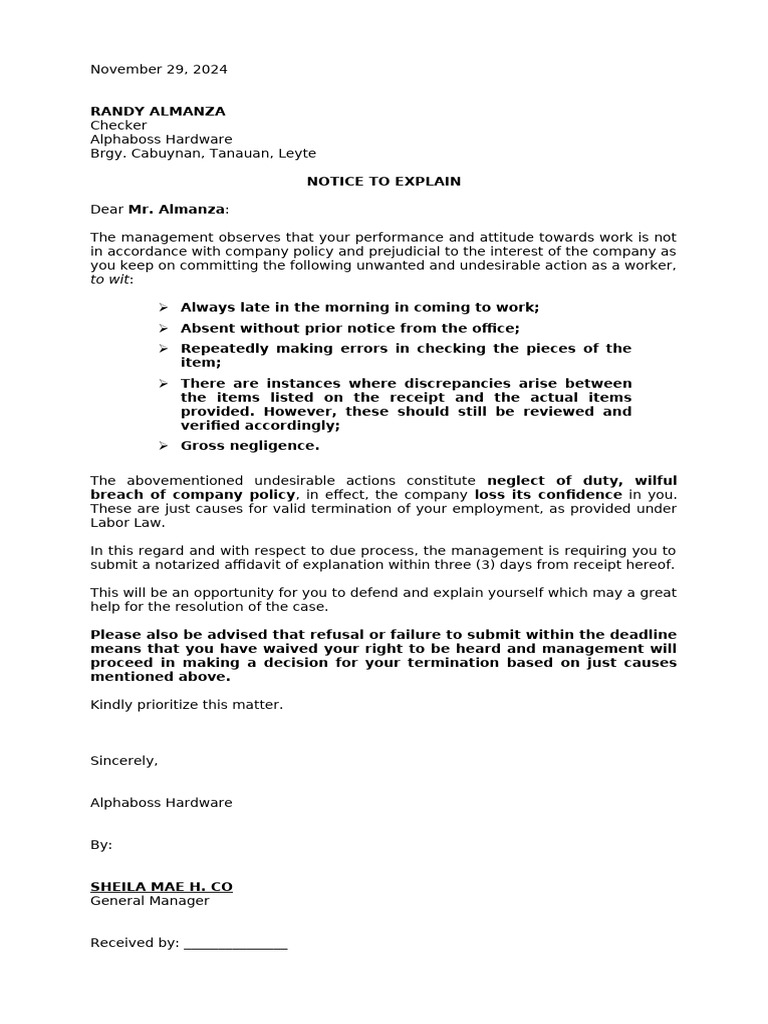 Notice to Explain: Employee Performance Issues | PDF