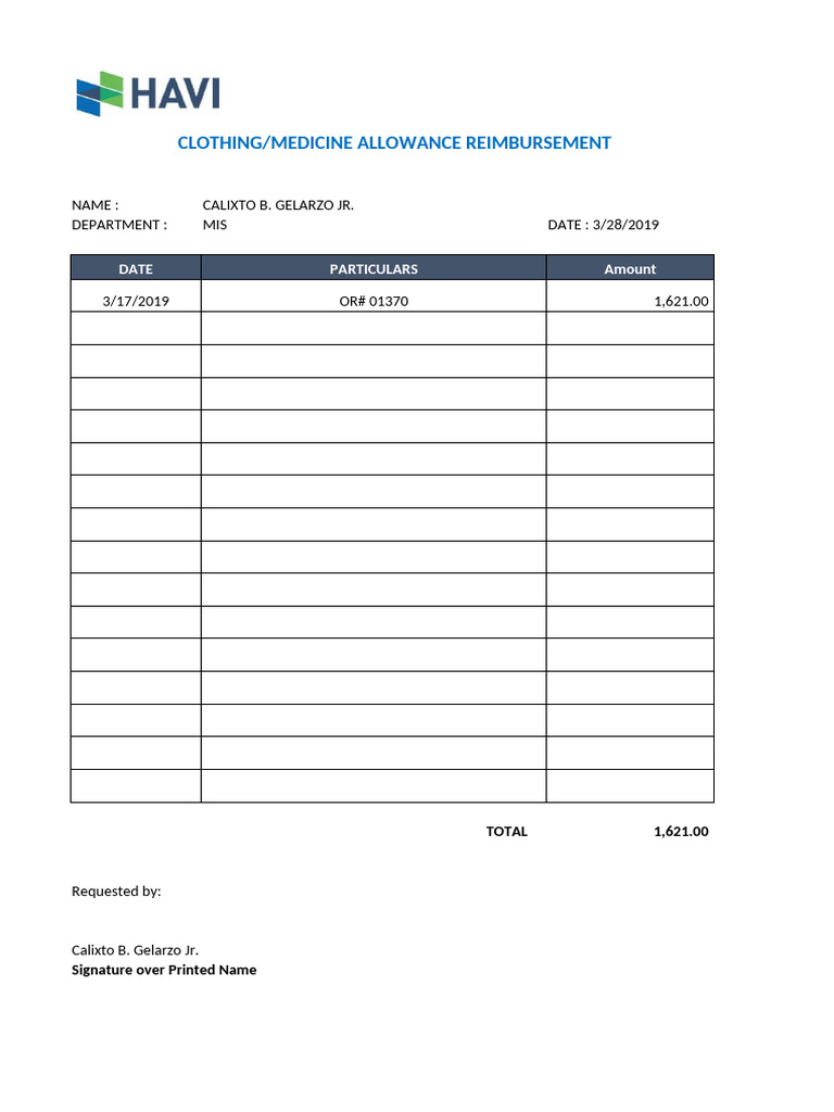 Clothing Medicine Allowance Reimbursement Form - 2019 (1500) | PDF