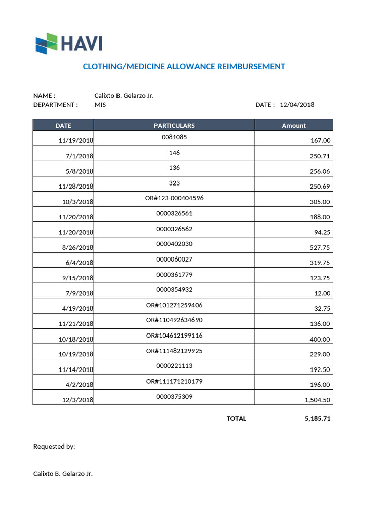 Clothing Medicine Allowance Reimbursement Form (2018) - December | PDF