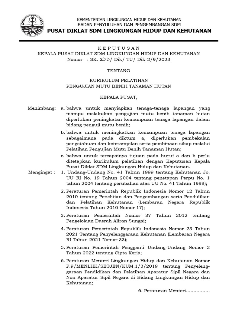 233 - Kurikulum Pelatihan Pengujian Mutu Benih | PDF