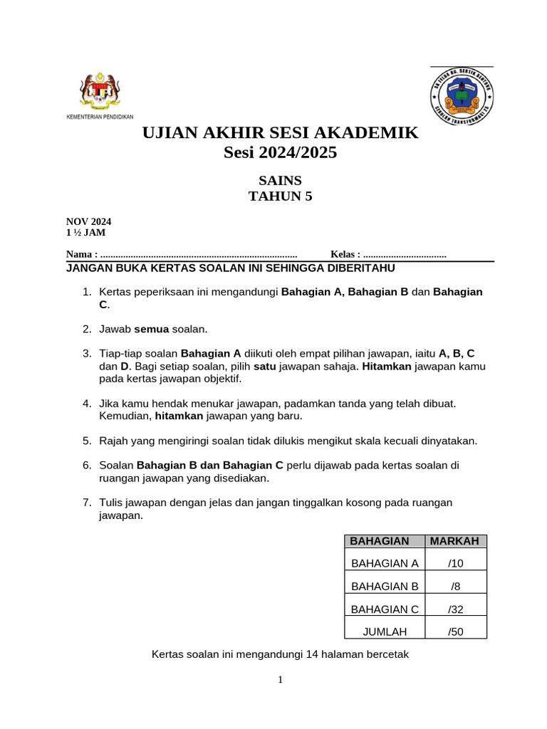 Uasa SN THN 5 Set 1 2024 2025 | PDF