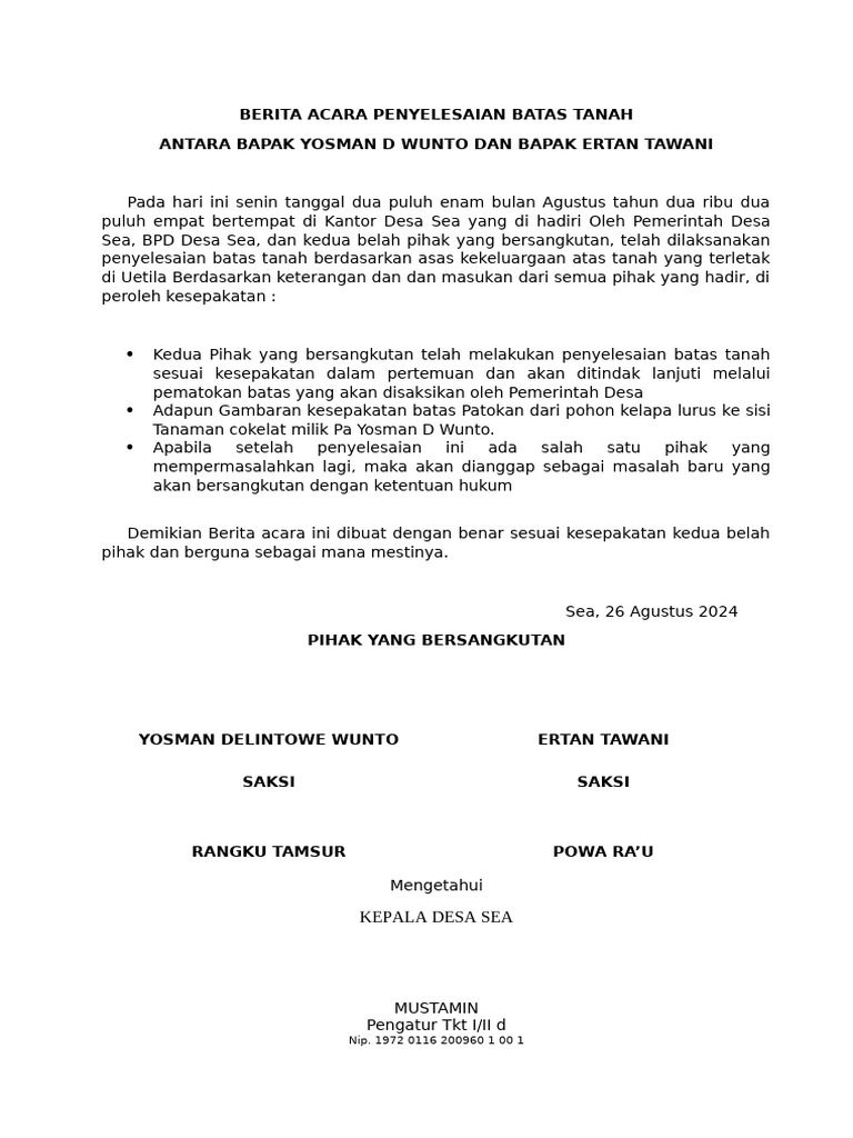 Berita Acara Penyelesaian Batas Tanah | PDF