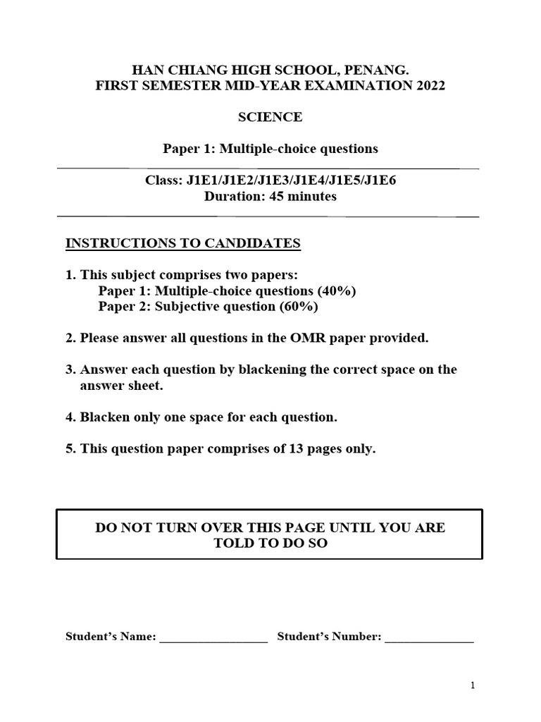 J1E Science Mid Year Exam P1 2022 | PDF | Force | Mass