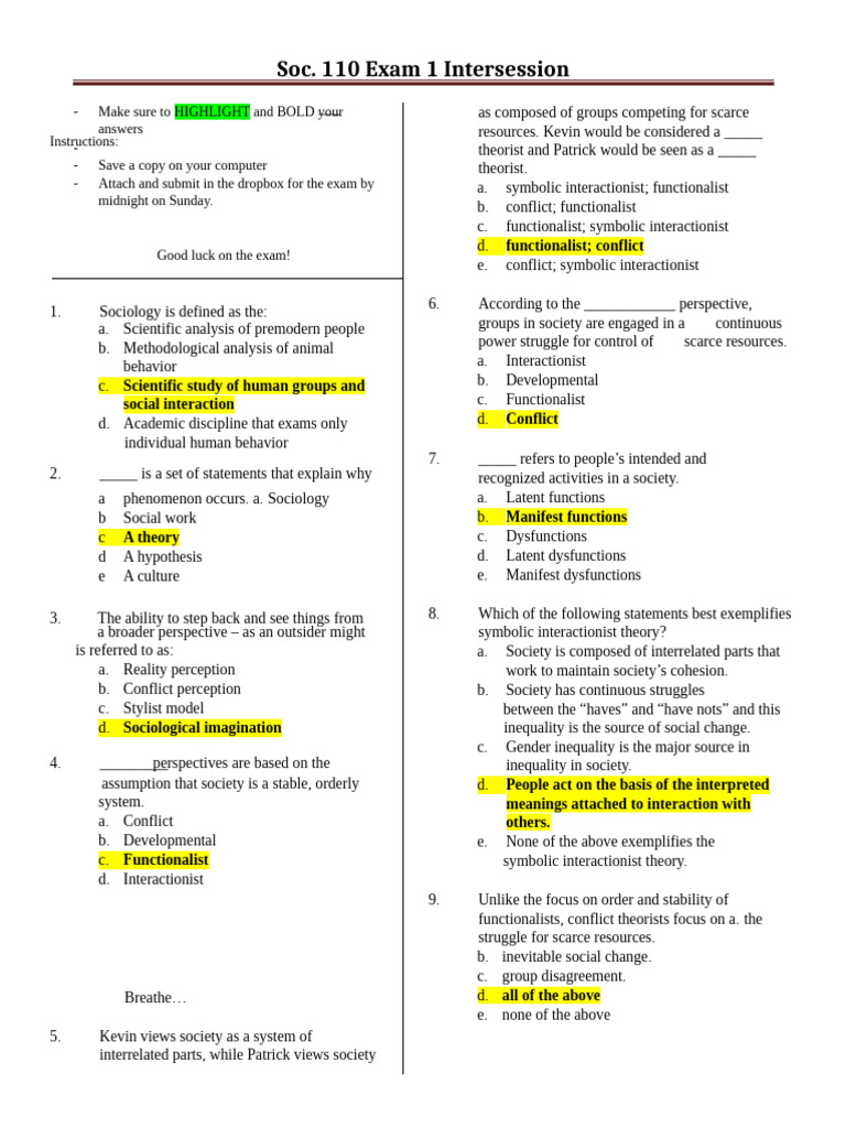 Sociology 110 Exam 1a Intersession 2024-25 | PDF | Sociology ...