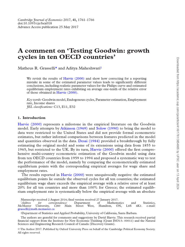 Grasselli 2017 - Comment On Testing A Goodwin - Growth Cycles in Ten ...