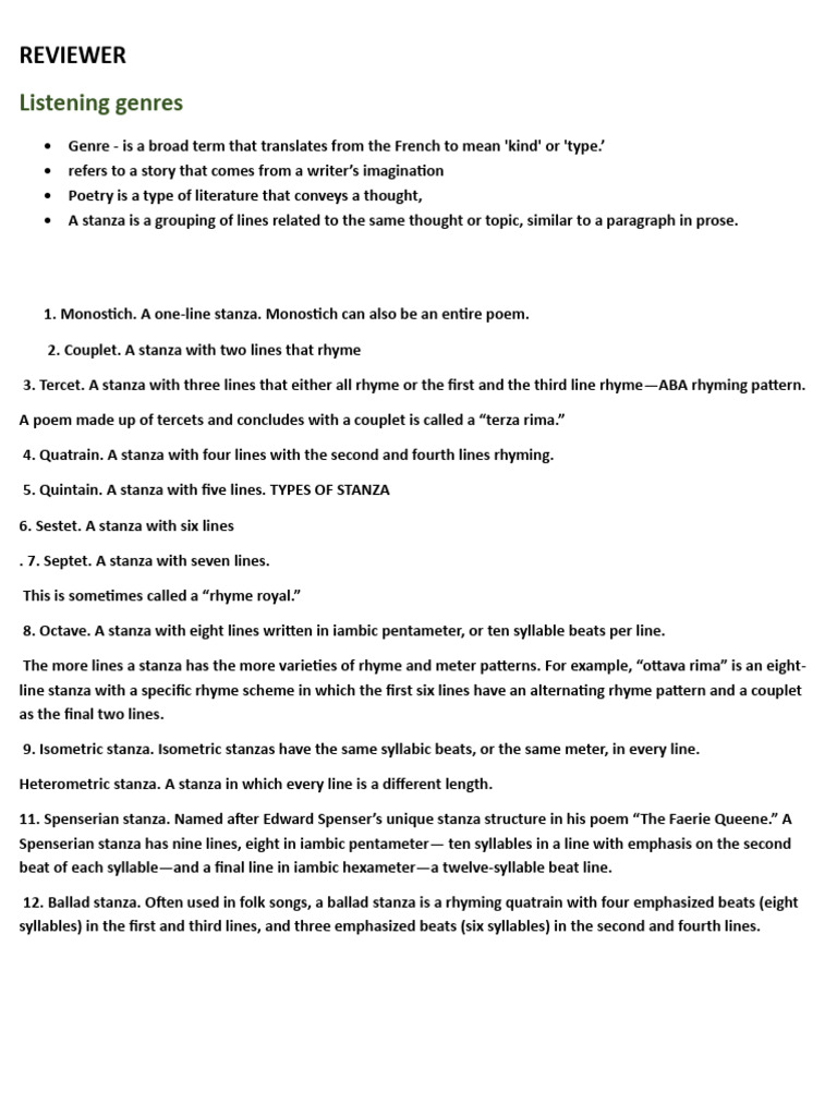 Types of Poetry Stanzas Explained | PDF