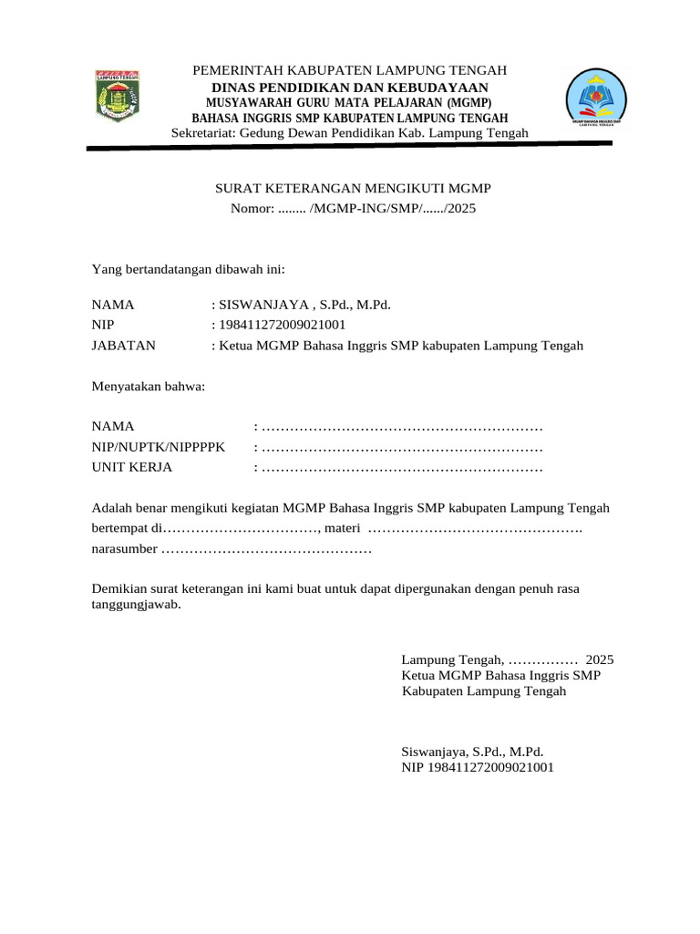 Surat Keterangan Mengikuti MGMP | PDF