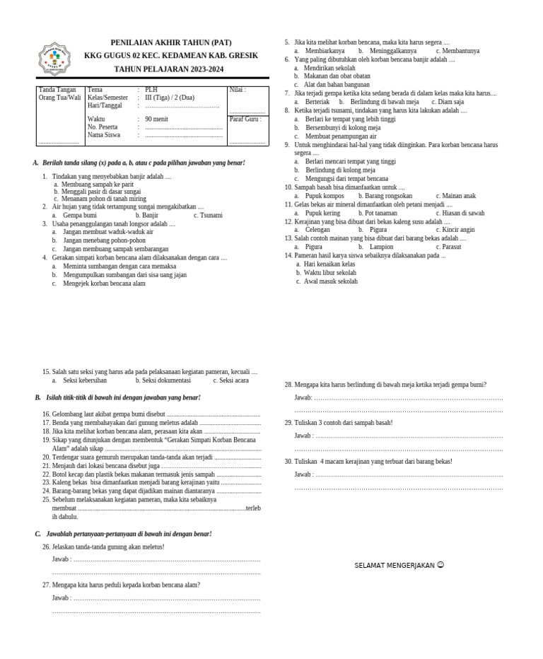 Soal PLH Kelas 3 Semester 2 | PDF