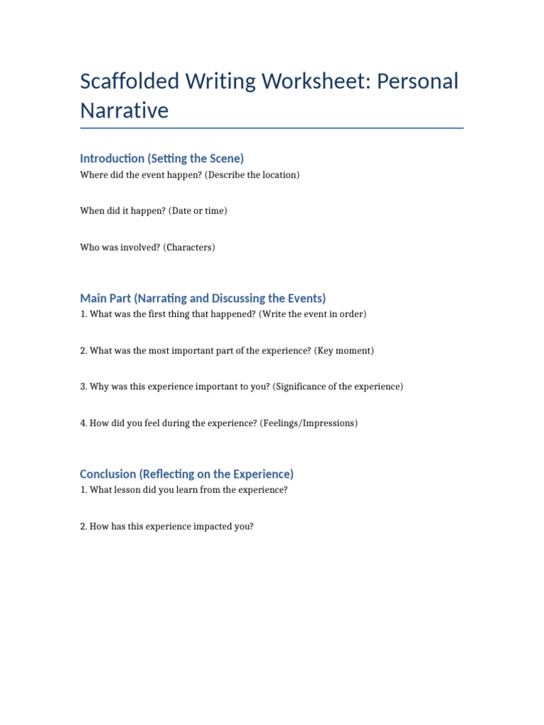 Scaffolded Writing Worksheet Personal Narrative | PDF