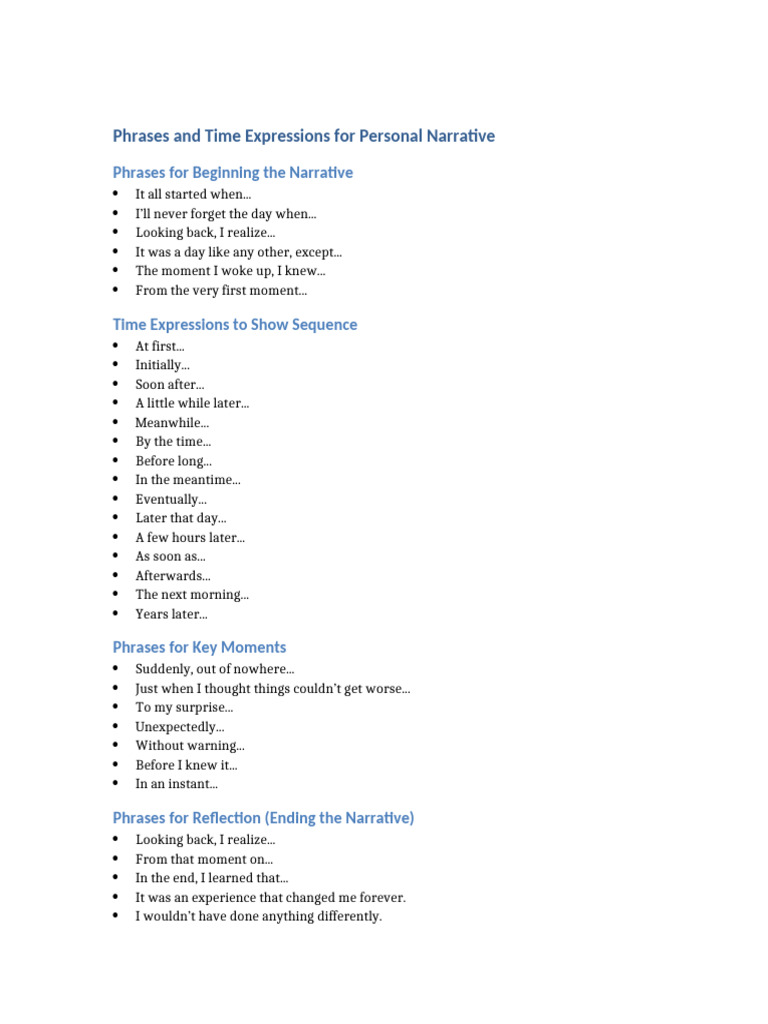 Personal Narrative Phrases and Expressions | PDF
