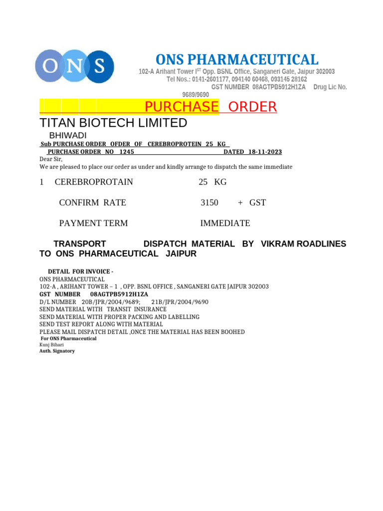 Ons Pharmaceutical Purchase Order | PDF