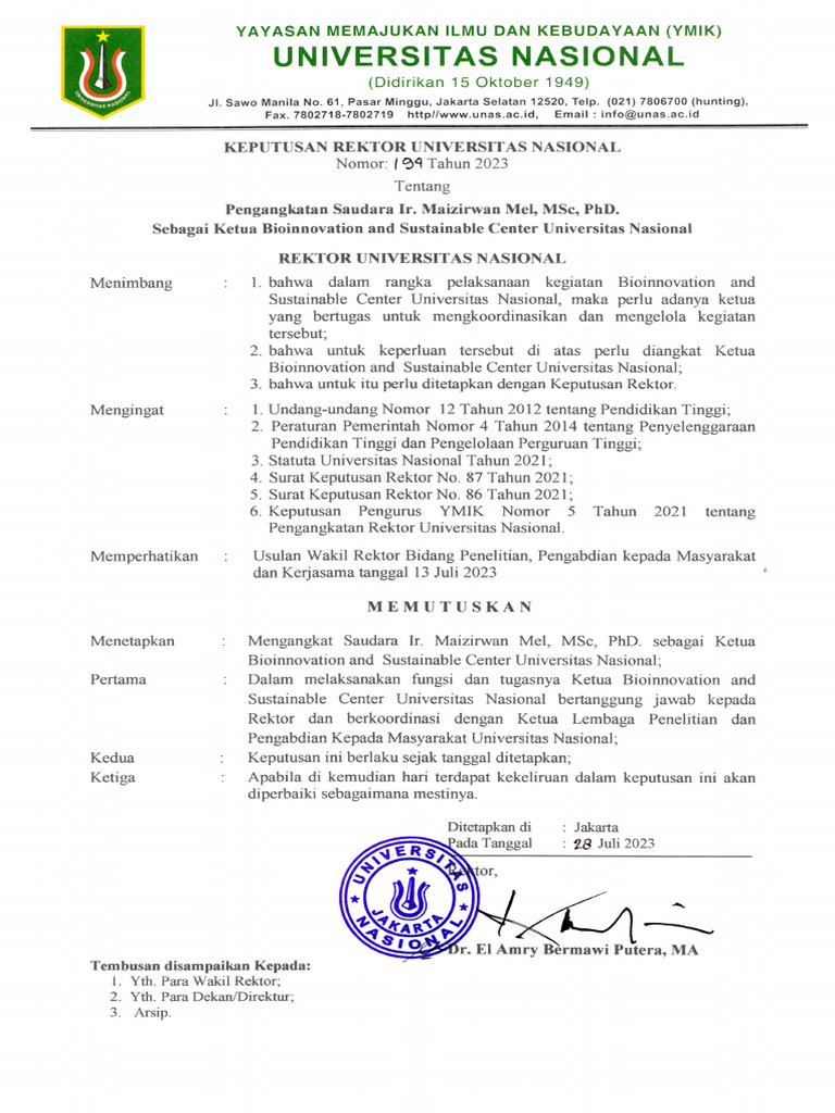 SK Nomor 194 Tahun 2023 - Pengangkatan Ketua Bioinnovation and Sustainable Center Universitas ...