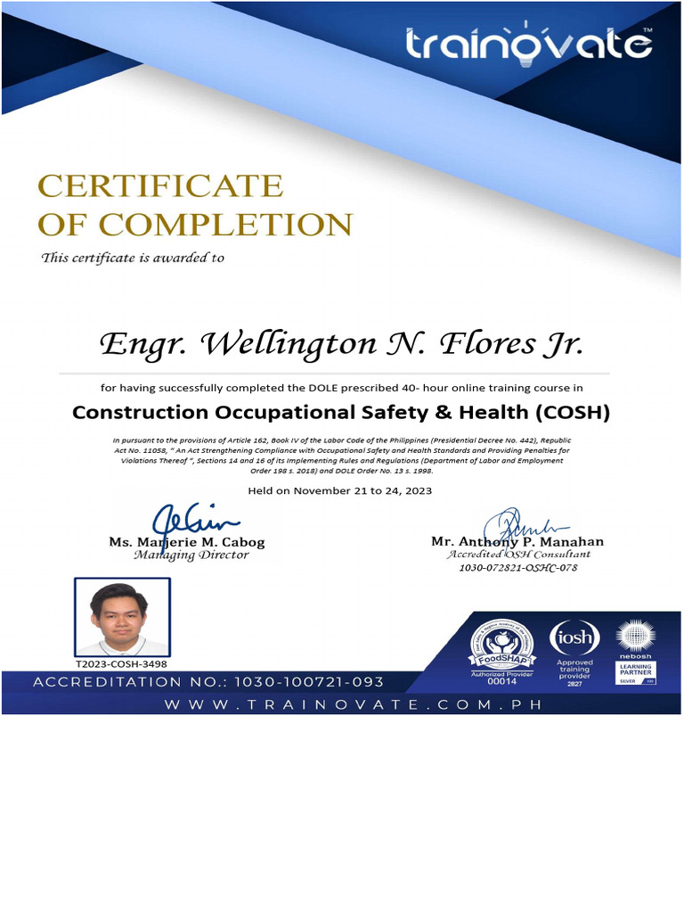 COSH Certificate Completion Notice | PDF