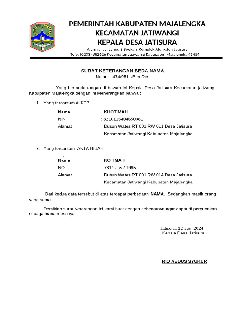 surat ket. beda nama | PDF