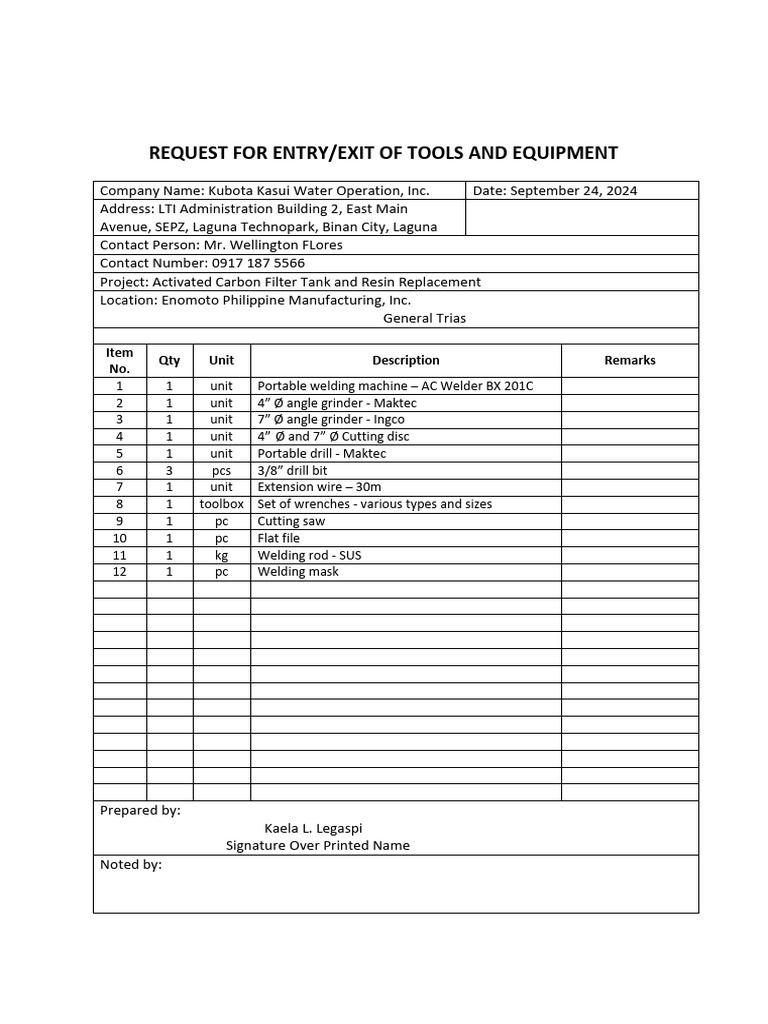 Request for Entry Exit of Tools and Equipment Copy | PDF