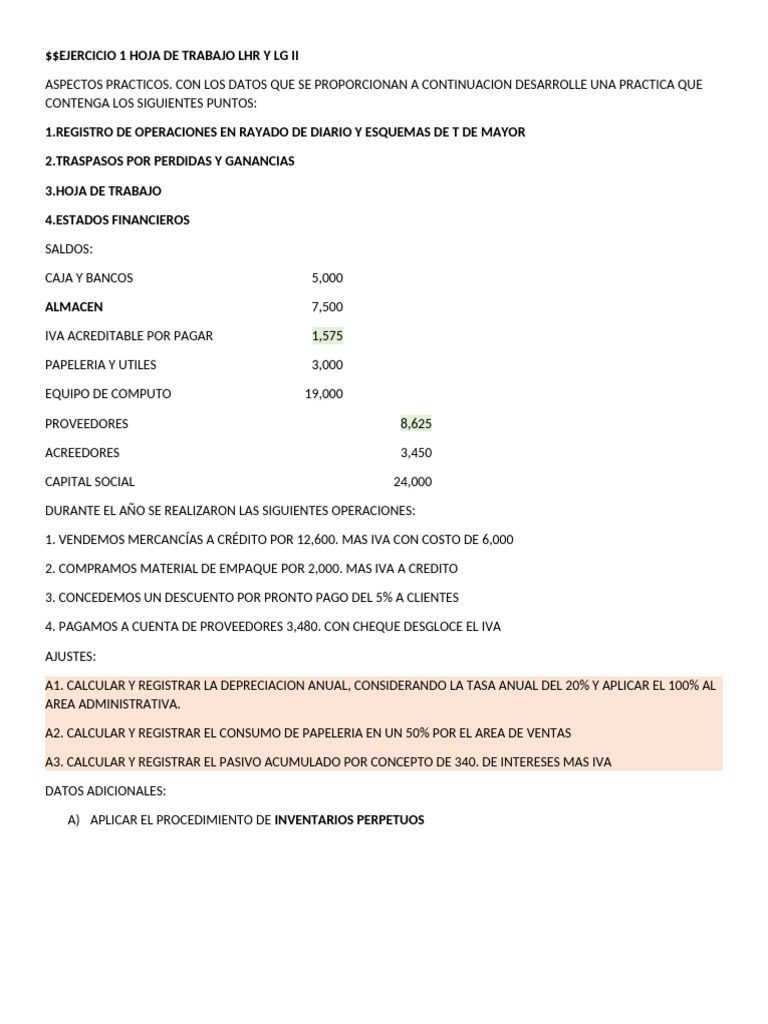 Ejercicio 1 Hoja de Trabajo Resuelto LHR Ii | PDF | Contabilidad | Corporaciones