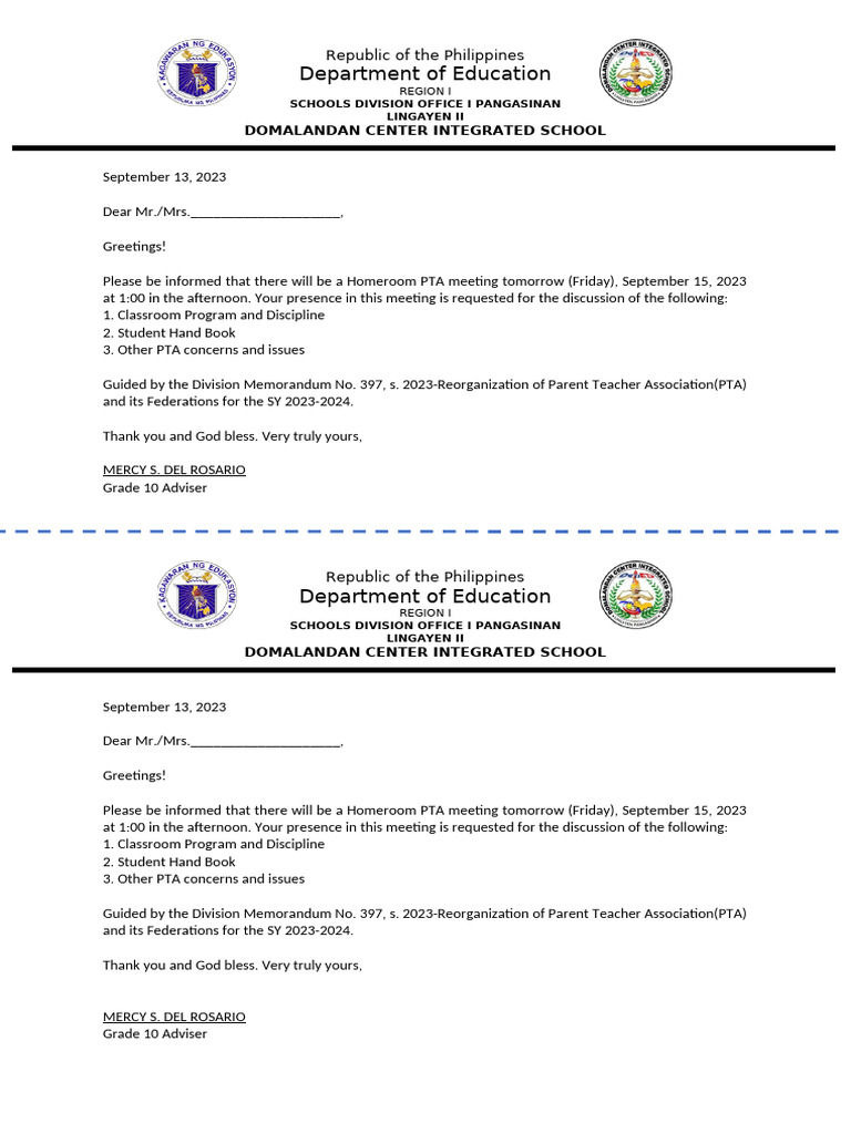 PTA Meeting Notice for September 2023 | PDF
