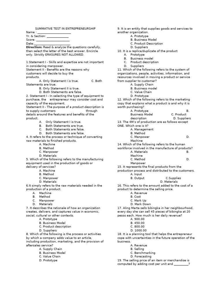 Summative Test in Entrepreneurship | PDF | Expense | Revenue