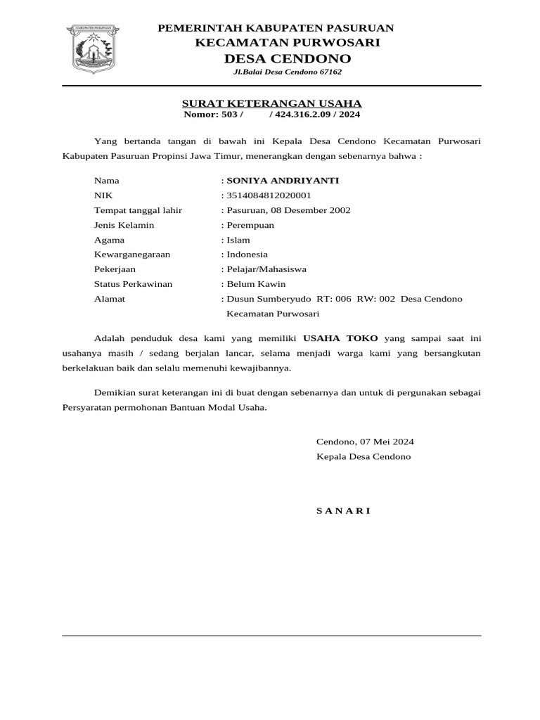 Surat keterangan USAHA | PDF