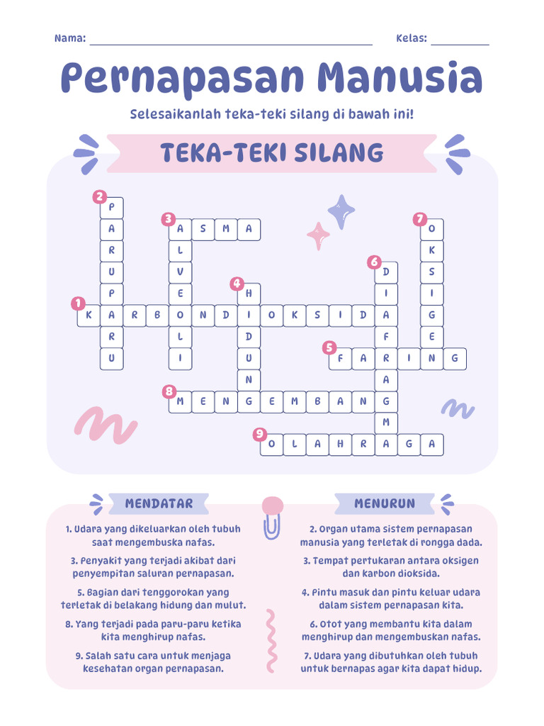 Pernapasan Manusia IPAS Lembar Kerja Pendidikan Teka-Teki Silang Merah Muda Ungu Ilustrasi ...