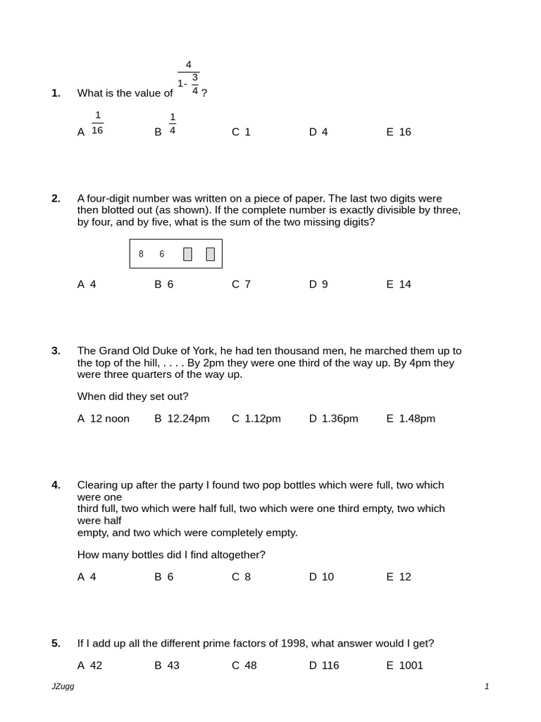 Junior Kangaroo Practice 1 | PDF | Triangle | Euclidean Plane Geometry