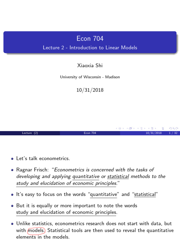 Lecture2-Introduction to Linear Models Slides-Annotated | PDF | Econometrics | Supply And Demand