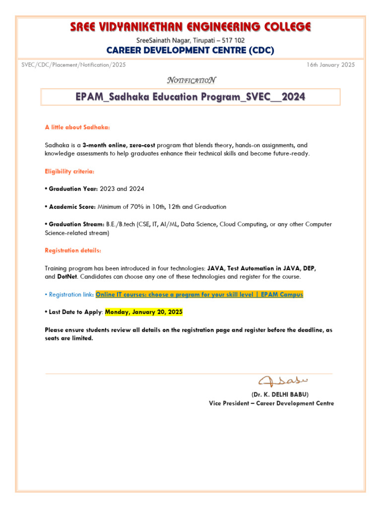 EPAM - Sadhaka Education Program - SVEC - 2024 - Notification | PDF