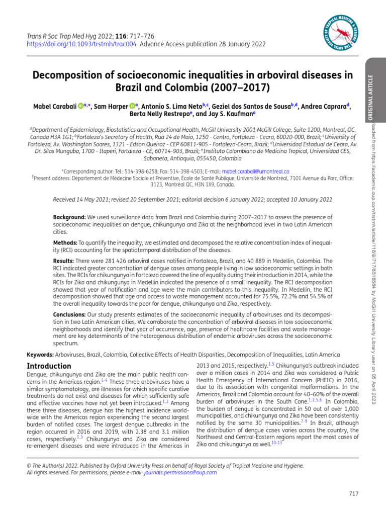 Decomposition of Socioeconomic Inequalities in Arboviral Diseases in ...