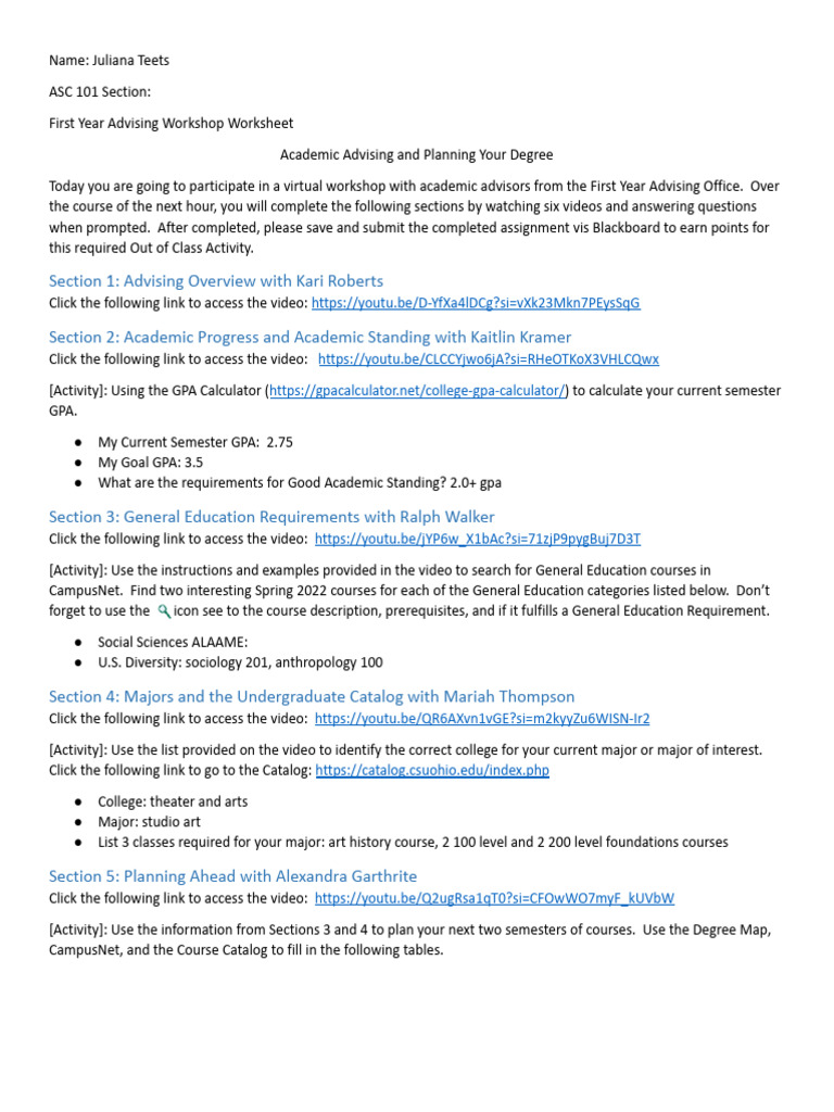 First Year Advising Workshop 2024-2025 | PDF | Labor