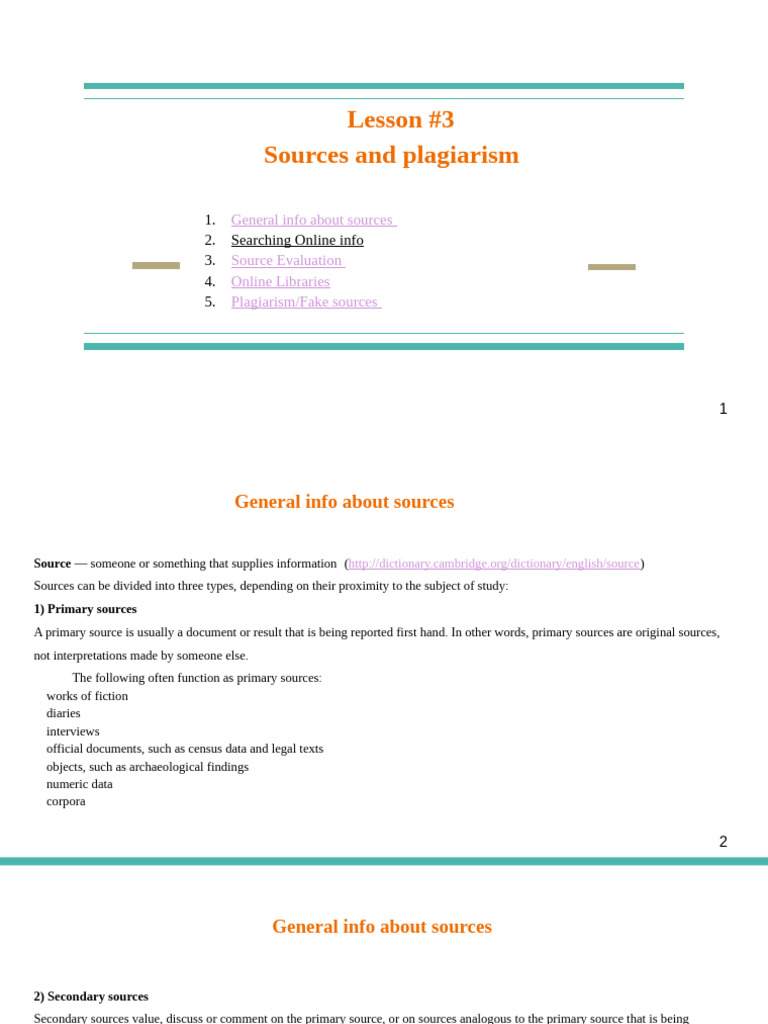 Lesson #3 (Sources and plagiarism) | PDF | Citation | Plagiarism
