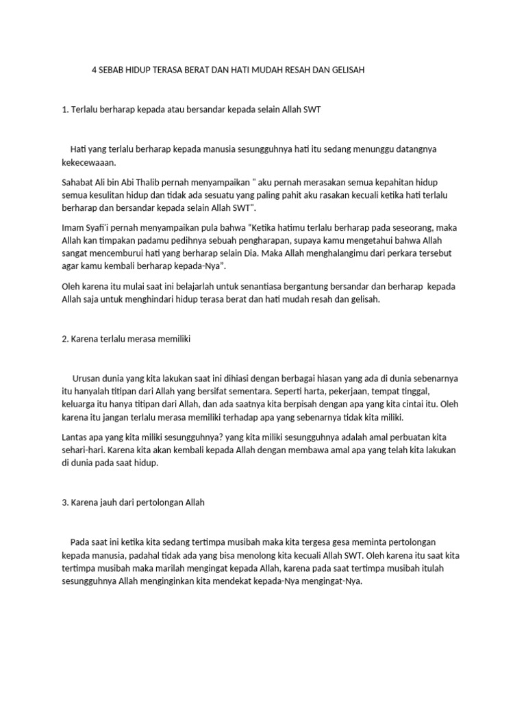 4 Sebab Hidup Terasa Berat Dan Hati Mudah Resah Dan Gelisah | PDF