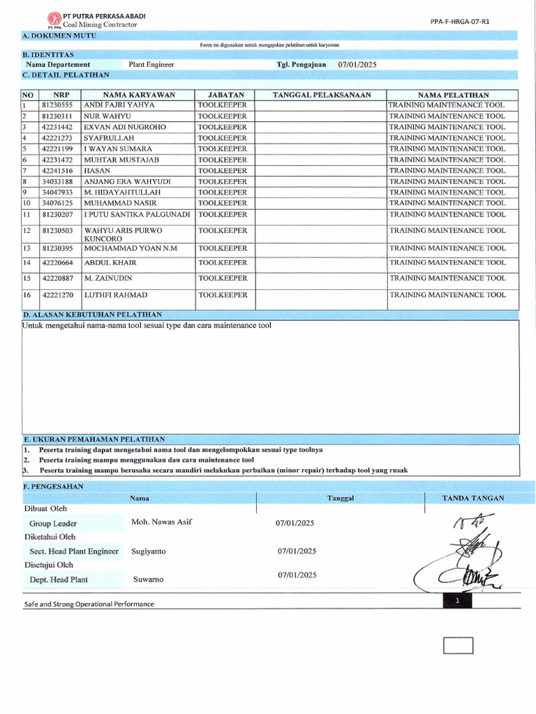 Pengajuan Training Toolkeeper 2025 | PDF