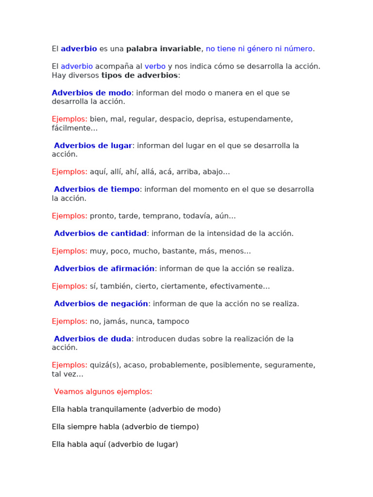 Tipos y ejemplos de adverbios en español | PDF | Adverbio | Unidades ...