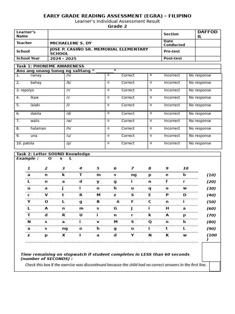 answer sheet EARLY GRADE READING ASSESSMENT | PDF