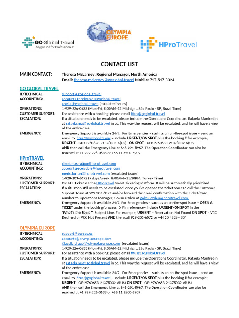 CONTACT LIST - HPro and Go Global Travel | PDF