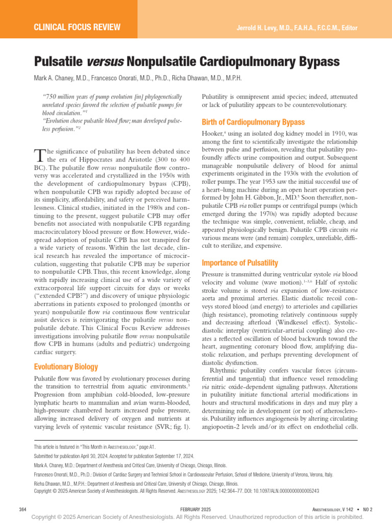 Pulsatile Versus Nonpulsatile Cardiopulmonary Bypass | PDF | Blood ...