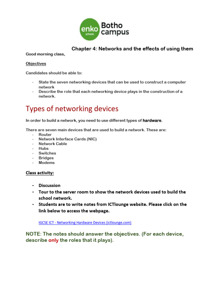 05-03-2023 Types of Networking Devices ICT Lesson Notes | PDF