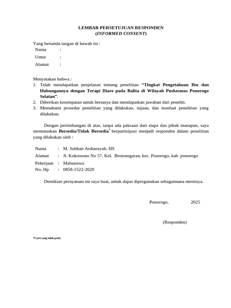 LEMBAR PERSETUJUAN RESPONDEN (INFORMED CONSENT) | PDF