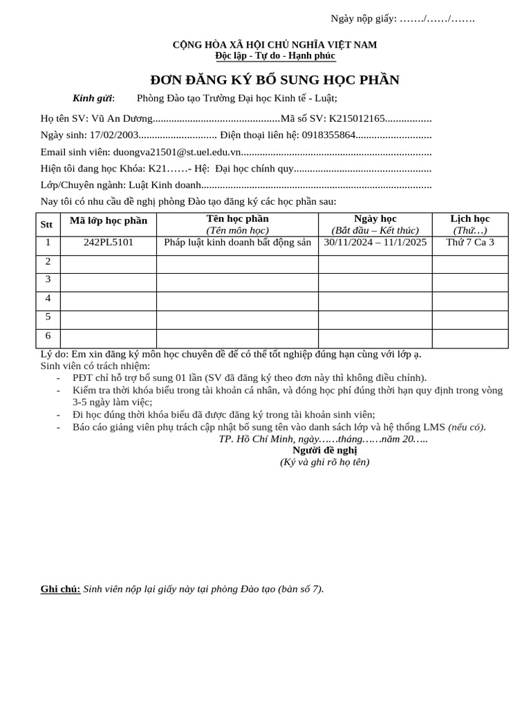 NEW_Don dang ky bo sung hoc phan | PDF