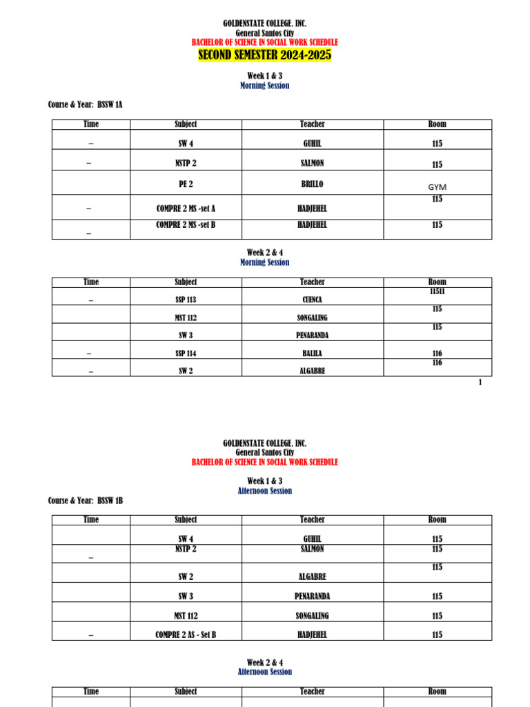 Class Schedul 2024 2025 Second Sem | PDF | Academic Degree | Qualifications