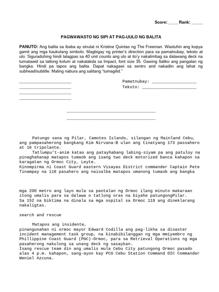 Copyreading Filipino Sec Contest 2 | PDF