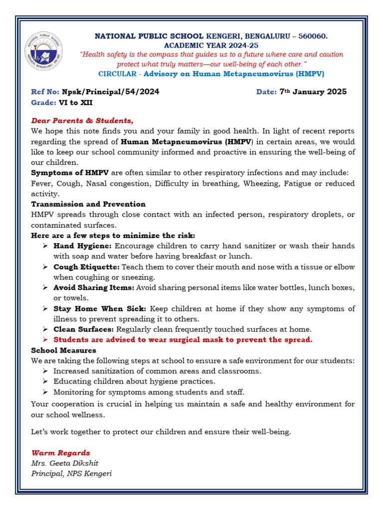 HMPV Advisory for Parents & Students | PDF