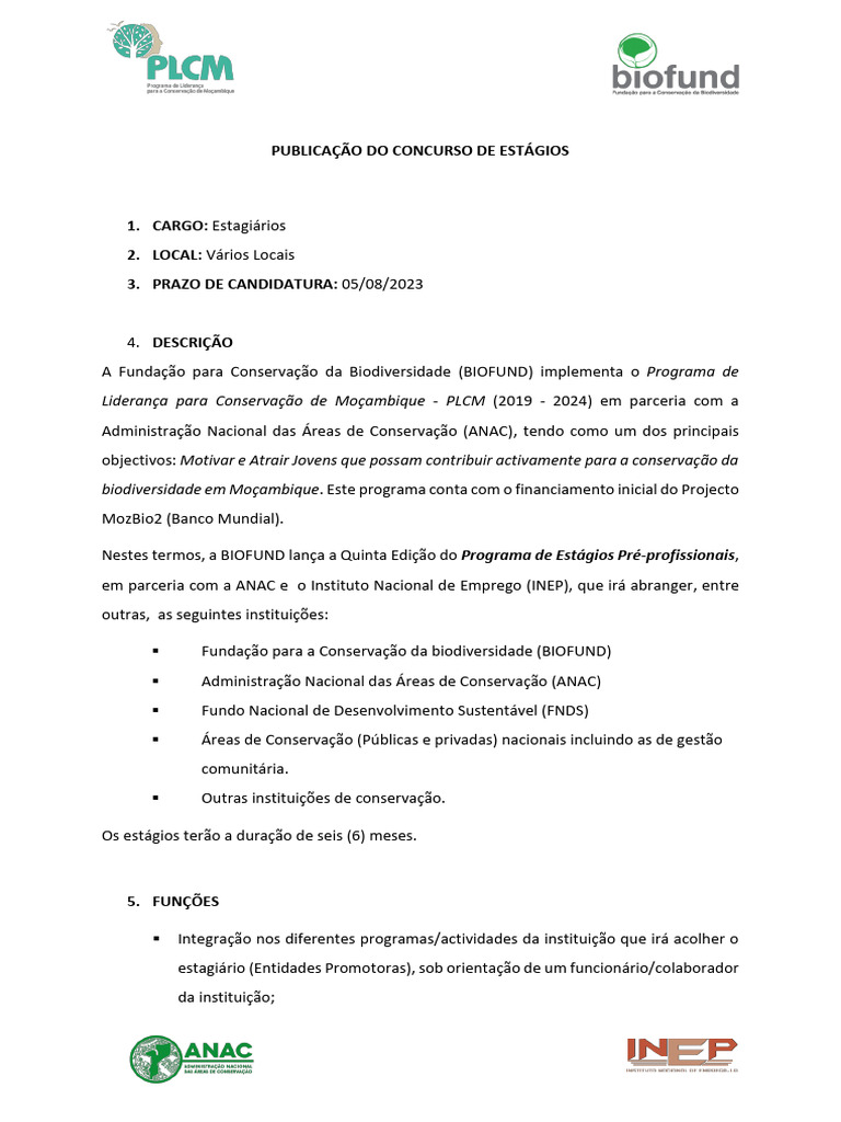 Concurso de Estagios - Biofund 2023 | PDF | Biodiversidade | Moçambique